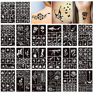 Sixberry 20 Sheets Temporary Tattoos Stencils for Kids, Glitter Henna Face Body Paint Stencil Kit, Girls Flowers Mermaid Boys Dragon Airbrush Art Tattoo for Birthday Halloween Christmas Party Favors