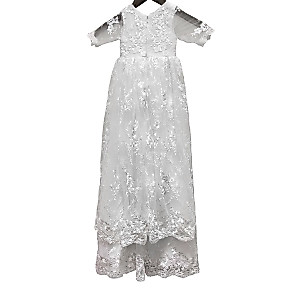 Long Ivory Christening Gown for Baby Girls Lace Baptism Dress with Bonnet 6M