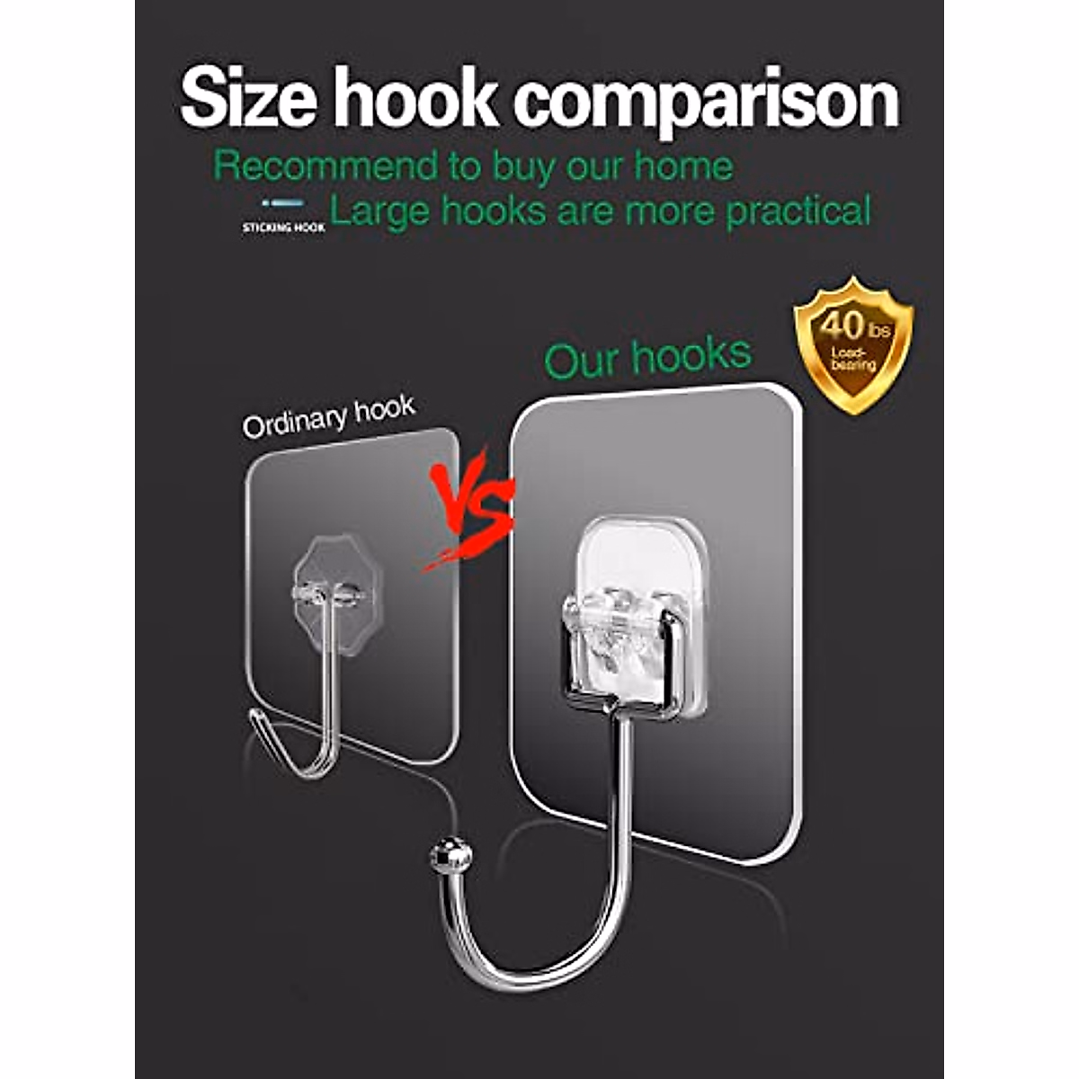EKE 12 Pack of Large Adhesive Hook Wall Hooks with 40Ib Load Capacity (max) for Hanging Stainless Steel Towels and Coats, Suitable for Kitchens, bathrooms, Homes and Offices (12).