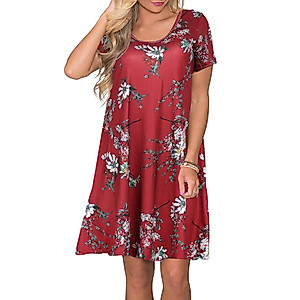 FZ FANTASTIC ZONE Women's Casual Summer T Shirt Dresses Short Sleeve Swing Dress with Pockets Floral Wine Red