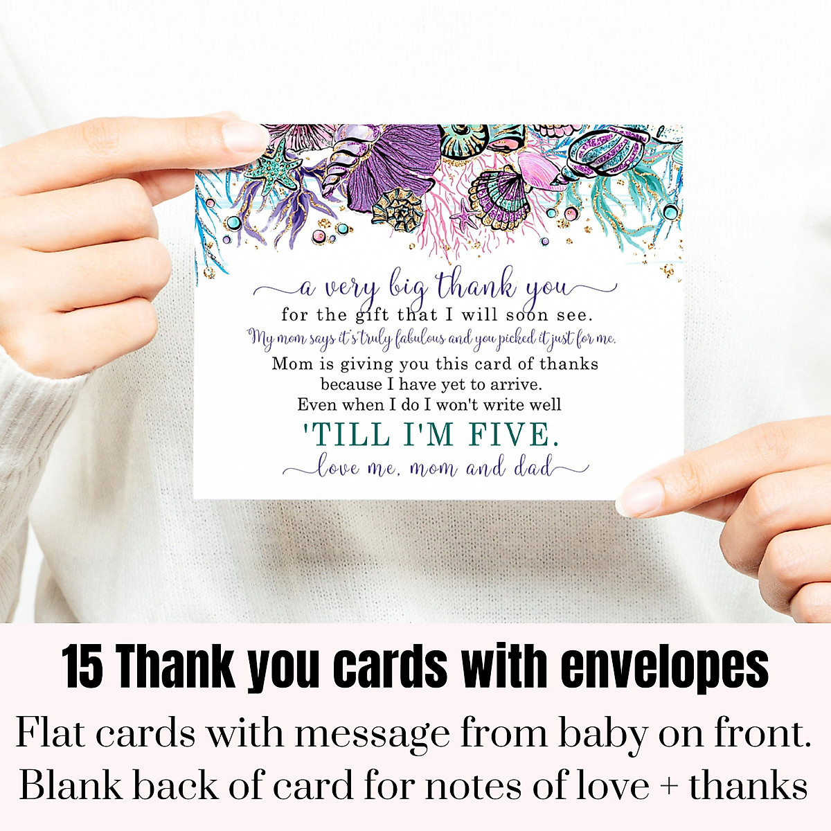 Enchanting Seashells Baby Thank You Cards, 15 Pack Cute Baby Shower Notes with Envelopes Set, Prefilled Message, Customizable and Personalize Blank Stationery Lilac Notecards Mermaid, New Parents Gift Ideas