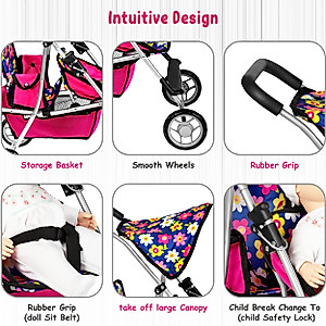 fash n kolor Twin Baby Doll Stroller - Pretend Play Baby Stroller for Dolls - Toy Stroller with Storage Basket for Baby Doll Accessories Set - Flower Design Baby Stroller Toy for Kids - Folds Easily