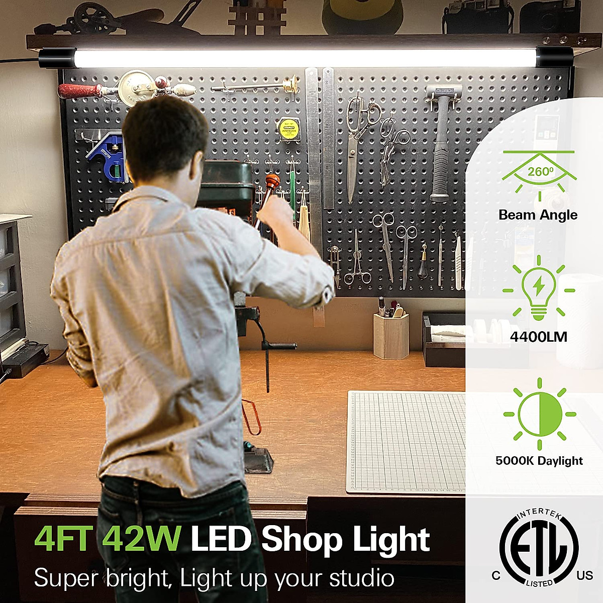 10 Pack 4FT Linkable LED Utility Light Fixture, 4400lm, 42W, 5000K Daylight for Workshop, Garage, Hanging or Surface Mount, with Power Cord, ETL