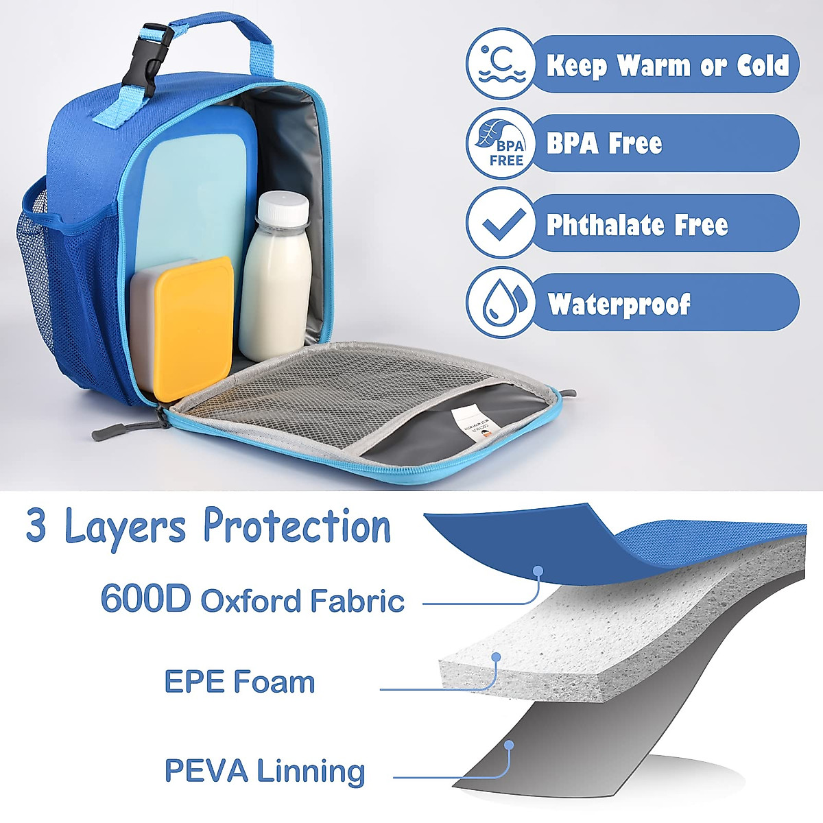 CaCTOUR Lunch Box Kids,Premium Insulated Lunch Bag for Girls Boys,Soft Bag Mini Cooler Back to School Thermal Reusable Lunch Bag for Work School Picnic (Blue)