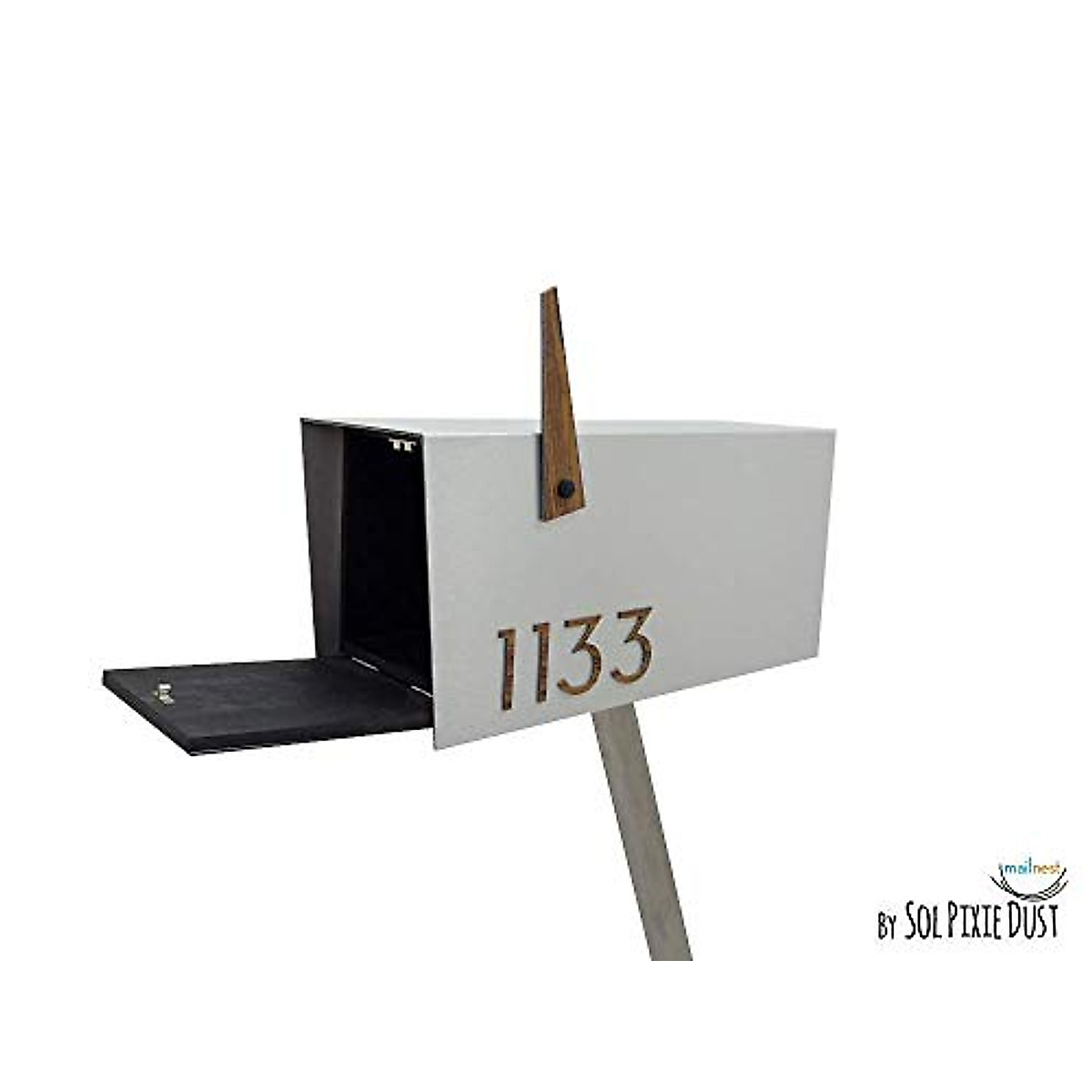 Contemporary Post Mount Mailbox/Aluminum Brush Silver Body and Aluminum Wood Walnut Numbers, Custom Mailbox, Mailnest, PostBox, Type 4