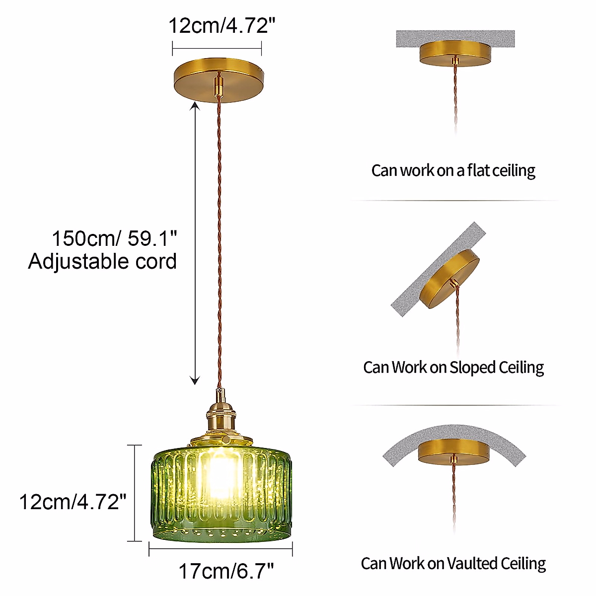 Qufute Green Hanging Light Vintage Modern Pendant Light Fixture with Stripe Green Glass Shade Glass Pendant Lighting Gold Pendant Lamp for Kitchen Island Bedroom Farmhouse