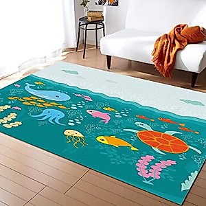 Sea World Collection Shark Kids Rugs, Octopus Turtle Sea-Plant Indoor Non-Slip Area Rugs, Machine Washable Breathable Durable Floor Carpet for Decor Living Room Bedroom Home Mat (5'W x 8'L)