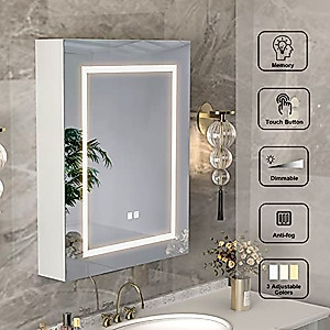 Mepplzian LED Bathroom Mirrored Medicine Cabinet Lighted Medicine Cabinet Wall Mounted Mirror Cabinet with 3 Storage Shelf Medicine Cabinet with Led Lights and Defogger,US Plug Adapter,23.6x29.9Inch