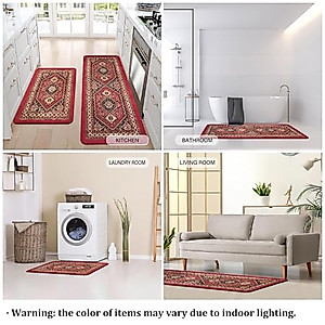 eqivei Kitchen Rugs Sets of 2, Non-Skid Rubber Kitchen Mats for Floor, Boho Kitchen Runner Rugs and Mats Washable, Farmhouse Cushioned Standing Mat for Kitchen, Front of Sink, Laundry（Red）