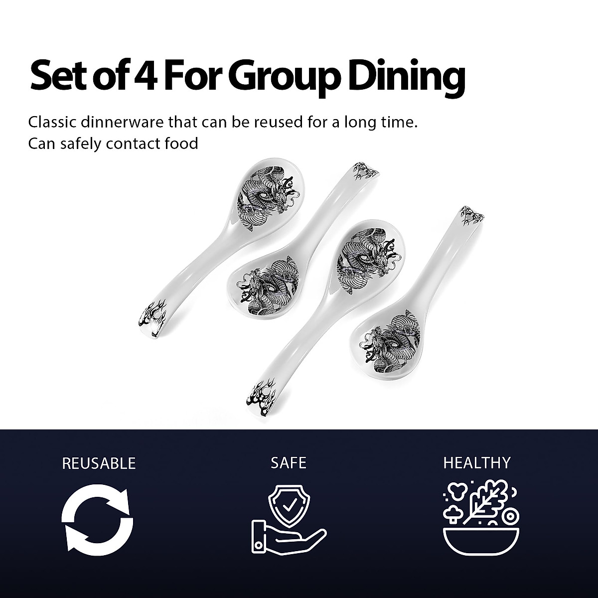 Dragon Ceramic Spoon Soup Spoons Asian Soup Spoon Chinese Korean Japanese Ramen Pho Miso Spoons Set of 4 with Hole 6.2 Inch