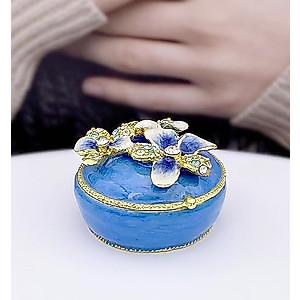 JWT Astyle Orchid Flower Blue Trinket Boxes Hinged Small Jewelry Box with Crystals.Collectible Trinkets Home Gift Enamel Decorative Tiny Keepsake Box Decor Necklace Rings Earrings Organizer.