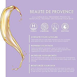 BEAUTE DE PROVENCE Lavender Multi-Use Oil for Face, Body and Hair - Organic Blend of Apricot, Vitamin E, Fractionated Coconut and Sweet Almond Oil Moisturizer for Dry Skin, Scalp and Nails - 4 Fl Oz