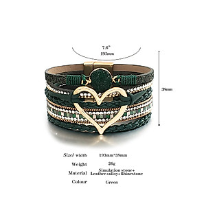 hotoo Leather Wrap Bracelet for Women Green Beaded Cuff Bracelet with Heart-shape Decor Bohemian Crystal Bracelet Jewelry with Clasp Bangle Bracelet for Women Birthday Holiday Gift