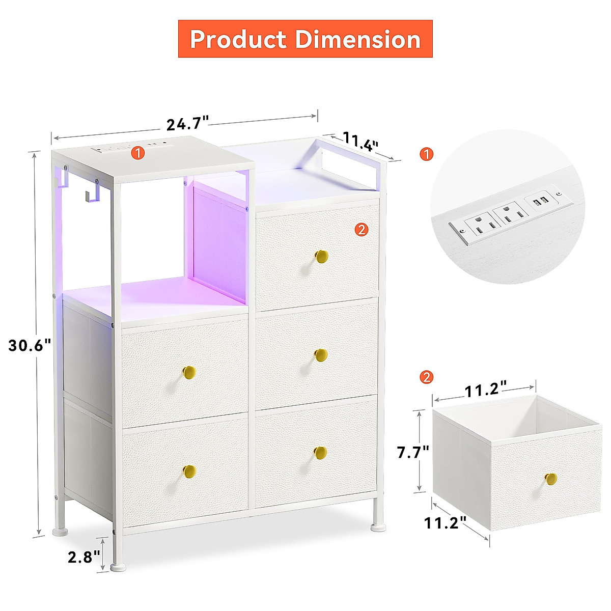 YILQQPER Dresser for Bedroom, Dresser with Led Light and Charging Station, Fabric Dressers&Chests of Drawers with 5 Drawers and Shelf, Storage Unit Organizer Tower, White