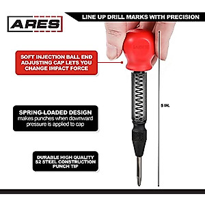 ARES 10022 - Automatic Center Punch - 5-Inch Adjustable Spring-Loaded Tool - Anti-Slip Knurled Grip - Durable S2 Steel Tip
