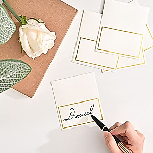 KraftiSky 100 Pack Place Cards for Table Setting with Gold Foil Border Table Tent Cards for Seating Perfect for Weddings, Dinner Parties, Banquets 2” x 3.5”