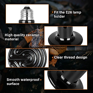 Simple Deluxe 25W/40W/50W/60W/100W/150W Ceramic Heat Emitter Reptile Heat Lamp Bulb No Light Emitting Brooder Coop Heater for Amphibian Pet & Incubating Chicken, Black/2-Pack, 50W