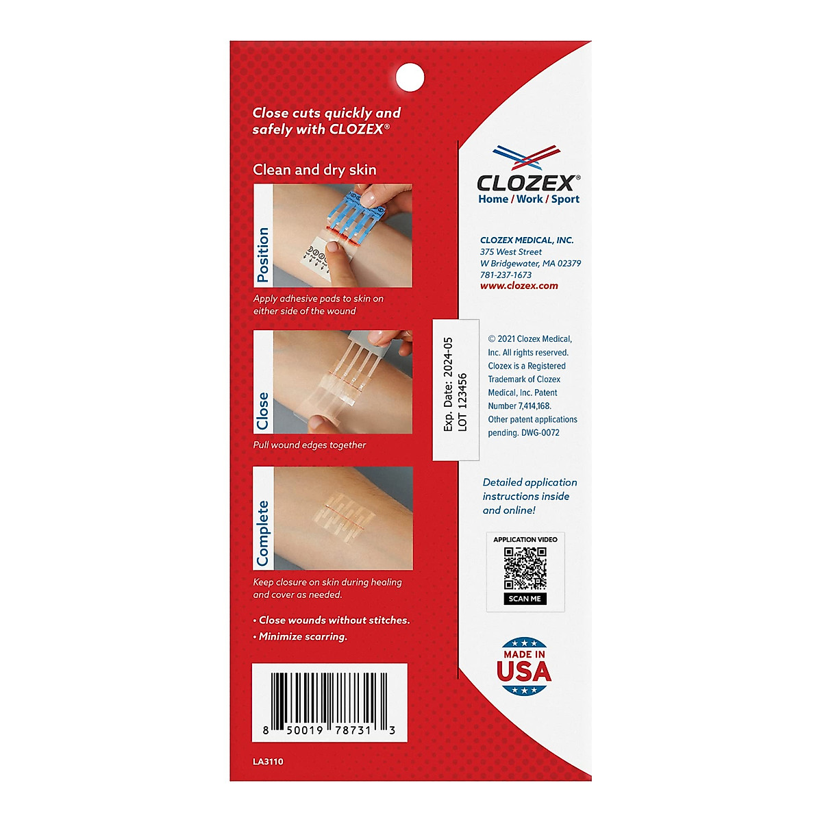 Clozex Emergency Laceration Closures - Repair Wounds Without Stitches. FDA Cleared Skin Closure Device for 3 Individual Wounds Or Combine for Total Length of 4 1/4 Inches.
