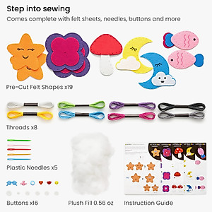 Arteza Kids Hand Sewing Kit, 5 Learn to Sew Plush Nature Crafts, 50 Pieces, Pre-Cut Felt Shapes, Plastic Needles, Plush Fill, Buttons, and Thread, Kids’ Craft Supplies with Instruction Guide