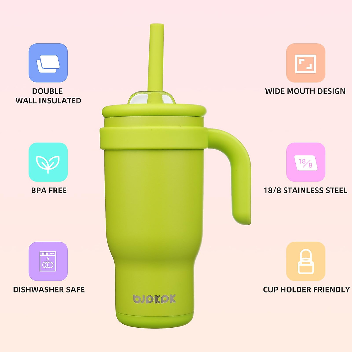 BJPKPK 18 OZ Insulated Travel Tumbler with Handle and Straw, Stainless Steel Water Bottle, Double Wall Vacuum Insulated Mug, for Work, Car, Travel, Bright Green