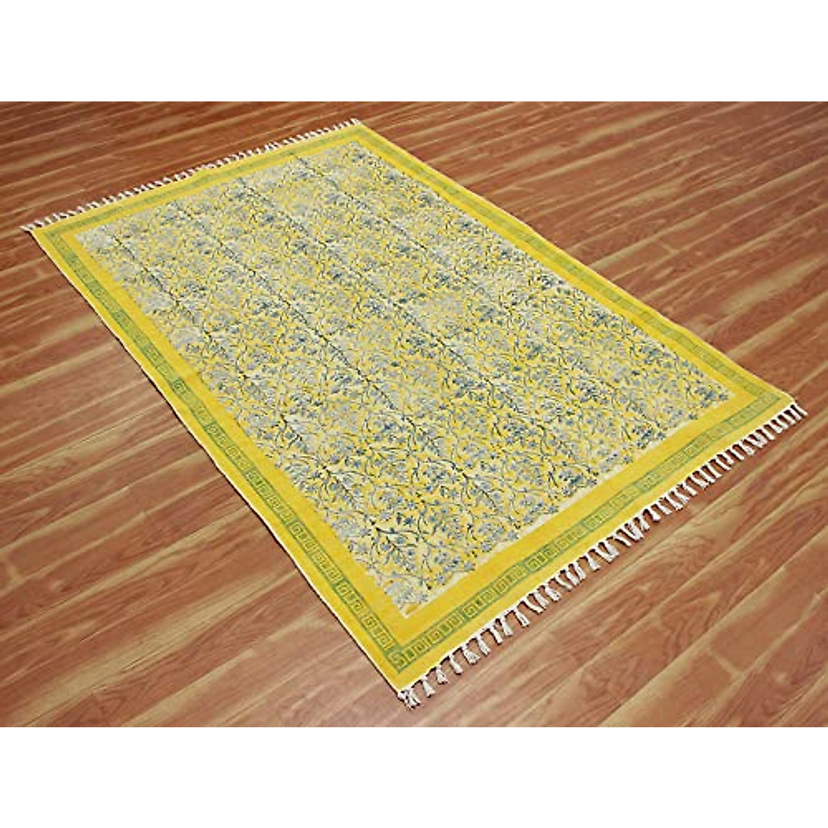 Casavani Indian Handmade Cotton Dhurrie Bordered Yellow & Green Area Rug Boho Kilim Flat Weave Rug Indoor Hall Room Decor Carpet Throw Rugs for Bedroom Living Room Bathroom Balcony 4x7 Feet