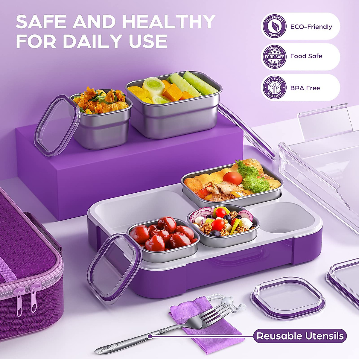 Lunch Box Stainless Steel Bento Box with Lunch Bag & Fork, Leakproof Bento Lunch Box for Adults Kids Bento-Style School Lunch Box 5 Compartments Lunch Containers, BPA-Free, Dishwasher Safe (Purple)