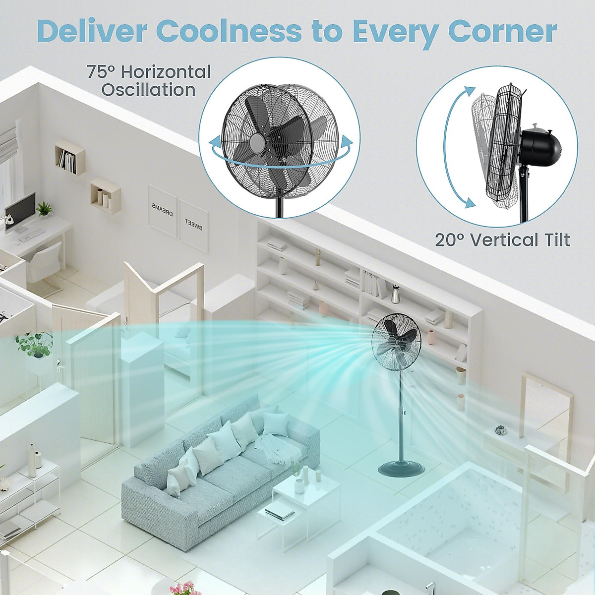 ARLIME Pedestal Fan, 16 Inch Oscillating Fan w/ 3 Speeds & Adjustable Height, 75° Oscillation & 20° Tilt, Heavy Duty Metal Aluminum Blades, Standing Fan for Bedroom, Home Office, Garage (Copper)