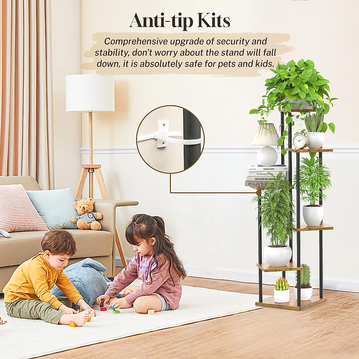 Oppro 6 Tier Tall Corner Plant Stands Indoor, 45Inch Large Metal Wood Flower Pot Shelf for Multiple Plants, Tiered Plant Holder Display Rack for Outdoor Balcony Garden Patio Living Room (Black)