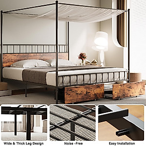 LIKIMIO Canopy Bed Frame King with Wooden Headboard and Drawer, King Size Bed Frame with 4 Removable Sturdy Posts, Noise Free, No Box Spring Needed, Vintage Brown