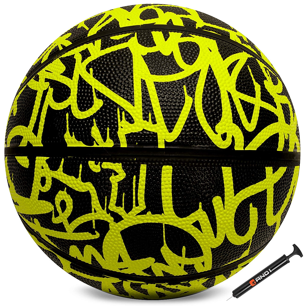 AND1 Fantom Rubber Basketball & Pump (Graffiti Series)- Official Size 7 (29.5”) Streetball, Made for Indoor and Outdoor Basketball Games (Volt)