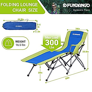 FUNDANGO Folding Camping Lounge Chair with Footrest, Ergonomic Reclining Outdoor Chaise Foldable in Bag with Cup Holder Armrest for Park, Garden, Indoor, Beach, Patio, Lawn, Blue/Green