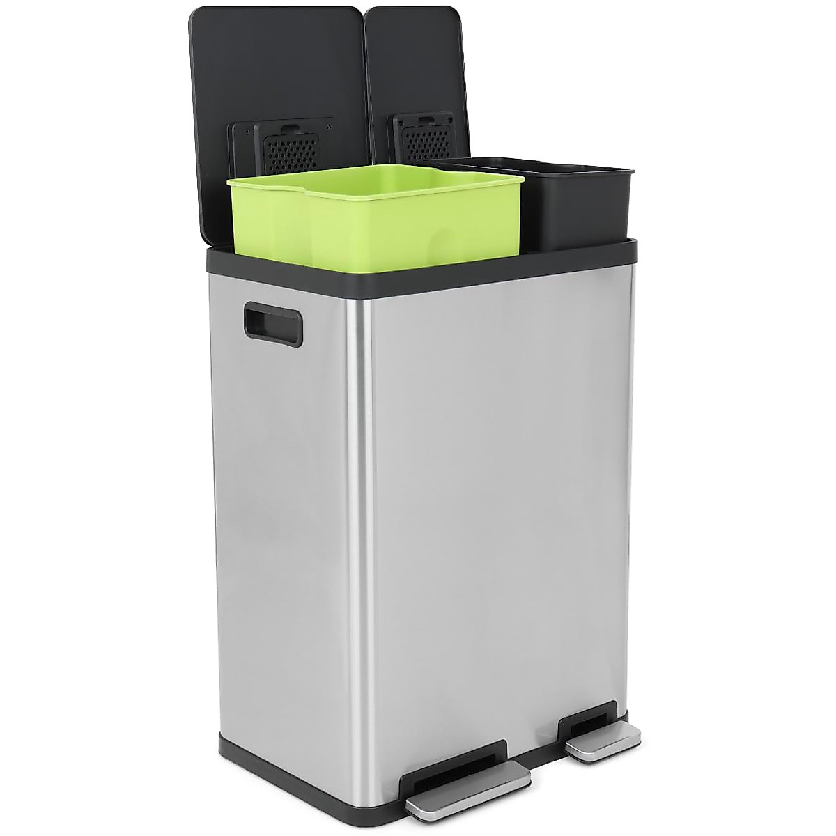 60 Liter / 16 Gallon Rectangular Hands-Free Dual Compartment Recycling Kitchen Step Trash Can with Soft-Close Lid, Brushed Stainless Steel (38L x 22L Capacity)