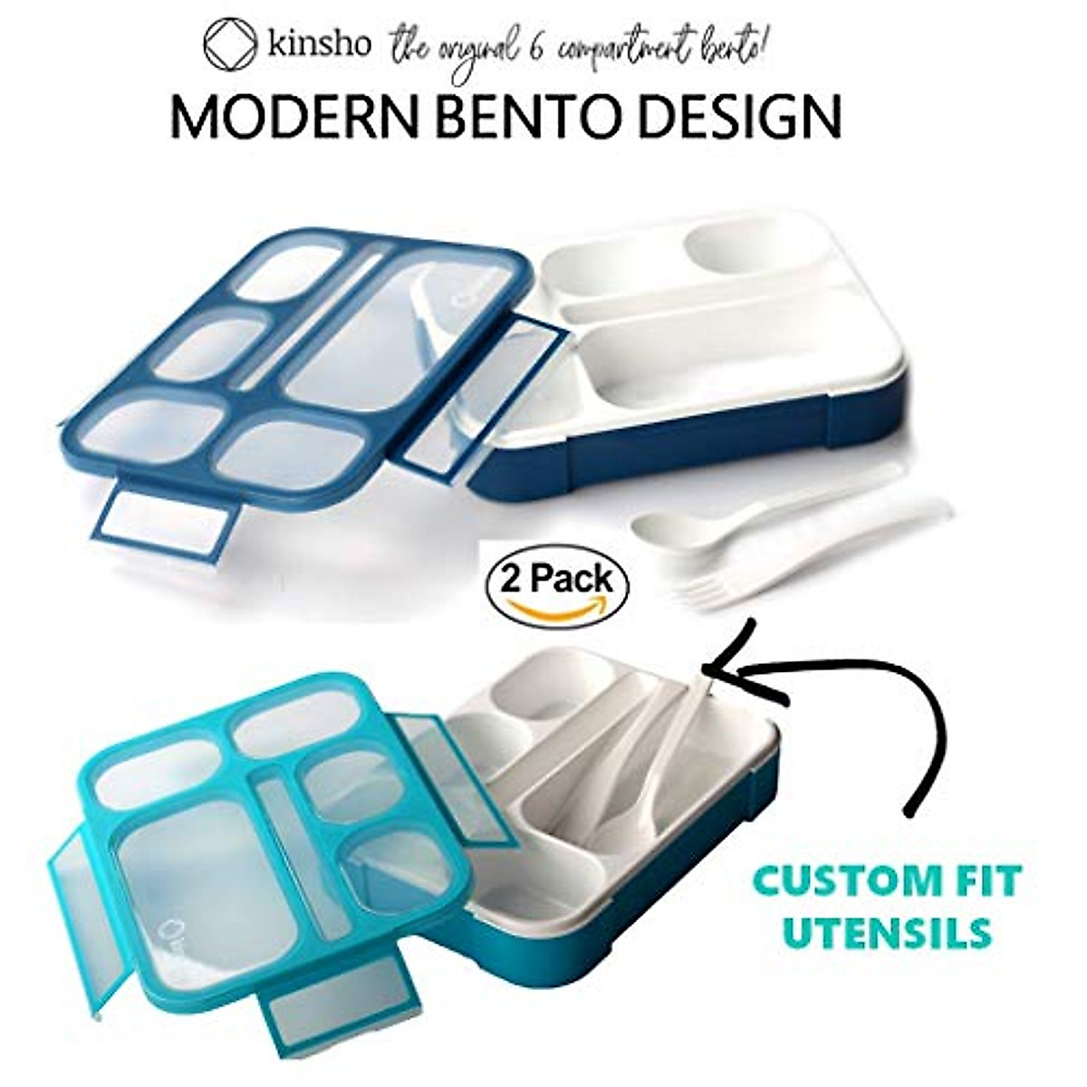 Bento-Box Lunch Boxes for Kids, Boys, Adults. Leakproof Lunch Set, Bentoboxes for School or Work. Portion Containers. BPA Free. 6 Compartments. Fork & Spoon. Blue & Navy Blue Large