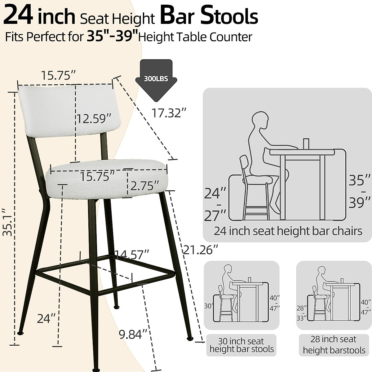 Sucrever 24” Boucle Bar Stools Set of 2, Counter Height Bar Stools with Back, Sherpa Barstools with Black Metal Legs/Footrest, Cream White