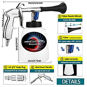 Practisol Car Cleaning Gun High Pressure Car Interior Cleaning Tool Auto Detailing Kit Supplies with 1L Foam Bottle & Cleaning Brush Air Blow Gun Essential Car Detailing Tools (US 1/4'' Male Plug)