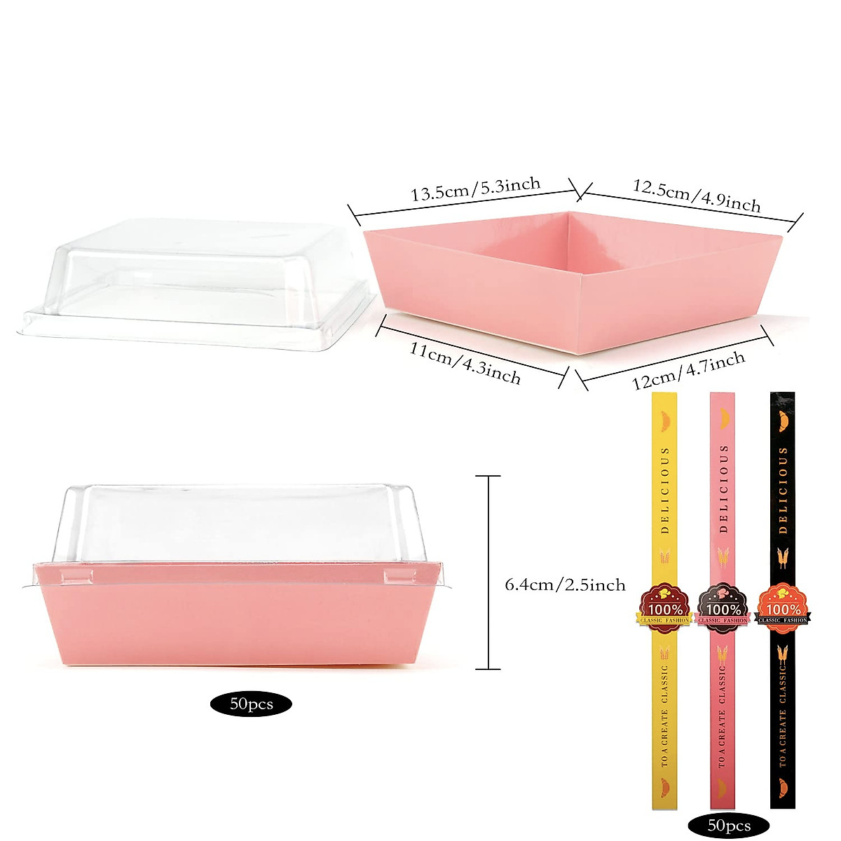 Lainrrew Festive Pink Mini Cupcake Box, 50 Pcs, 4.5 Inch, Clear Plastic, Mooncake Box, Muffin Holder, Wedding/Birthday Dessert Containers