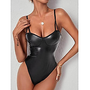 Sexy Latex Lingerie for Women Sexy Wet Look Leather Teddy Lingerie V Neck One Piece High Cut Leotard Bodysuit A Black