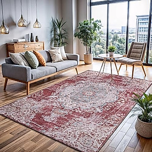 CAMILSON Printed Area Rugs with Ultra Thin Super Strong for Living Room Bedroom, Distressed Vintage Rug 5x7, Stain and Water Resistant, Bohemian Indoor Carpet (5 x 7, Rust Red)