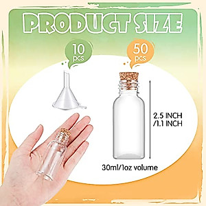 50 Packs 1 oz Plastic Sand Art Bottles with Cork Stoppers Mini Vial Potion Bottles Perfume Cork Bottle with 10 Mini Funnels for Filling Bottles for DIY Craft, Essential Oil, Message, Party Favor