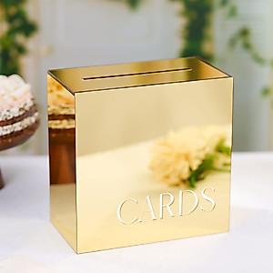 UNIQOOO Metallic Gold Mirror Acrylic Wedding Card Box with Slot, Large 10x10x5.5 inch w/White Print | Thick DIY Wedding Receptions Wishing Well Money Box, Graduation, Birthday, Memory Box