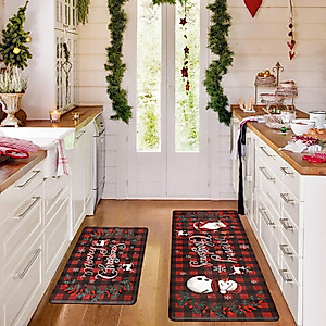 Capslpad Buffalo Plaid Christmas Kitchen Rugs Set of 2 Snowman Santa Claus Xmas Kitchen Floor Mats Non Slip Anti Fatigue Kitchen Mats for Floor Merry Christmas Cushioned Kitchen Rug Holiday Decor