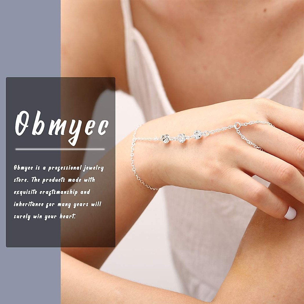 Obmyec Boho Crystal Finger Ring Bracelets Silver Rhinestone Hand Chain Slave Hand Harness Bracelet Accessories for Women