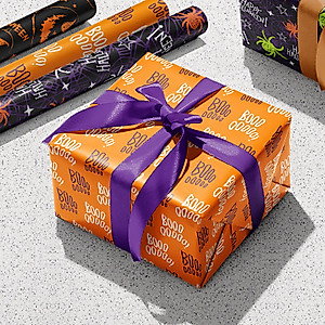 LDGOOAEL Wrapping Paper Roll with Cut Lines on Reverse - Mini Roll(17" X 120" Per Roll) - Purple Spider, Orange bat for Halloween, Birthday, Wedding, Baby Shower,Bridal Showers
