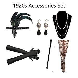 1920s Flapper Accessories Set, Roaring 20s Accessories Women Feather Headpiece Necklace Earrings Long Gloves,Silver Black