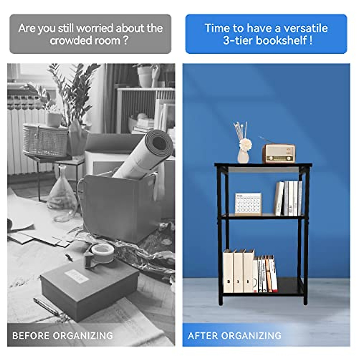 ECOMEX Small Bookshelf, Standing Metal Frame Book Shelves, 3 Tier Industrial Bookshelf Wood Bookcase Shelves Storage for Living Room Bedroom and Office, 3 Tiers Open Shelf/Display Rack, Black