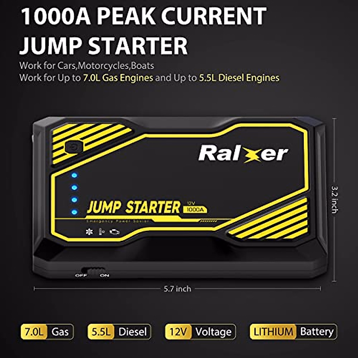RALXER Battery Jumper Starter Portable,1000A Battery Booster Pack for Up to 7.0 Gas or 5.5L Diesel Engine,12V Portable Jump Box with LED Light,USB C Charge Cable