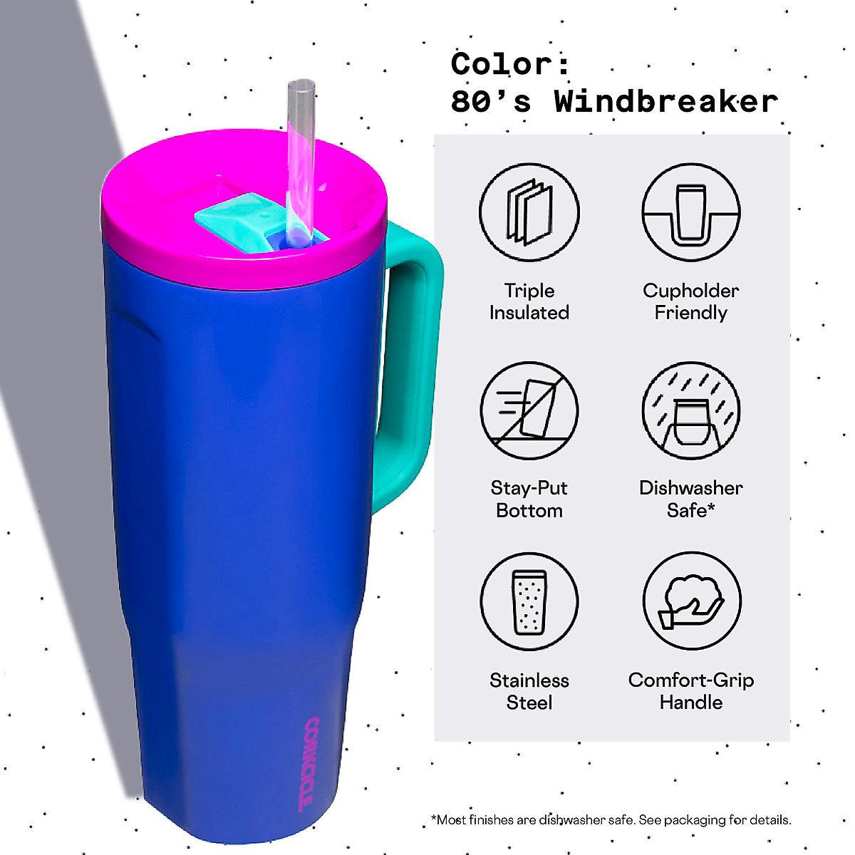 Corkcicle Cruiser Insulated Tumbler with Handle and Straw, 80's Windbreaker, 40 oz – Reusable Water Bottle Keeps Beverages Cold for 20 Hours, Hot for 9 Hours – Cupholder Friendly, Spill Proof Tumbler