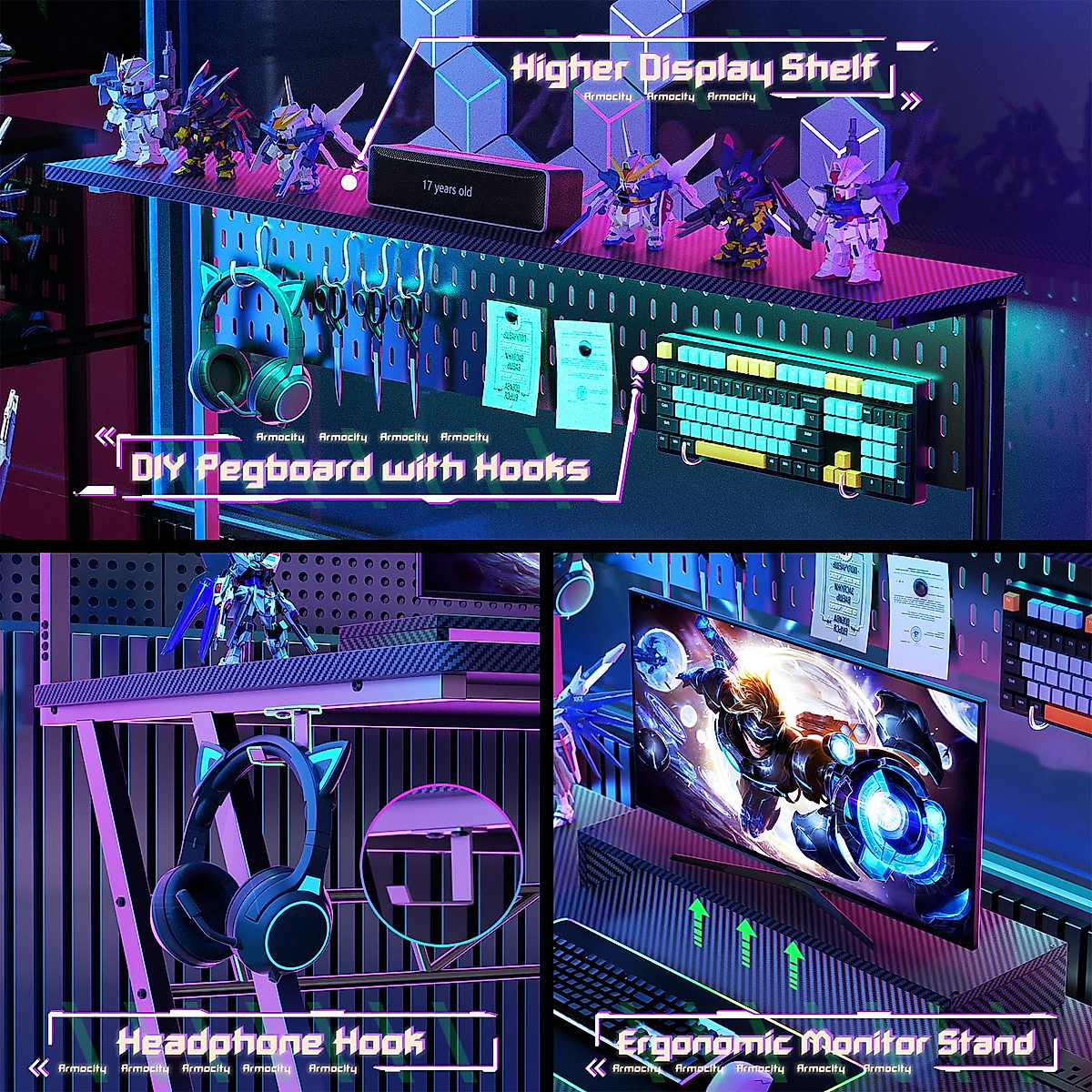 Gaming Computer Desk with Shelves and Outlets, Gaming Desk with Hutch and LED Lights, Reversible PC Gaming Desk with Pegboard, Carbon Fiber Black 47''