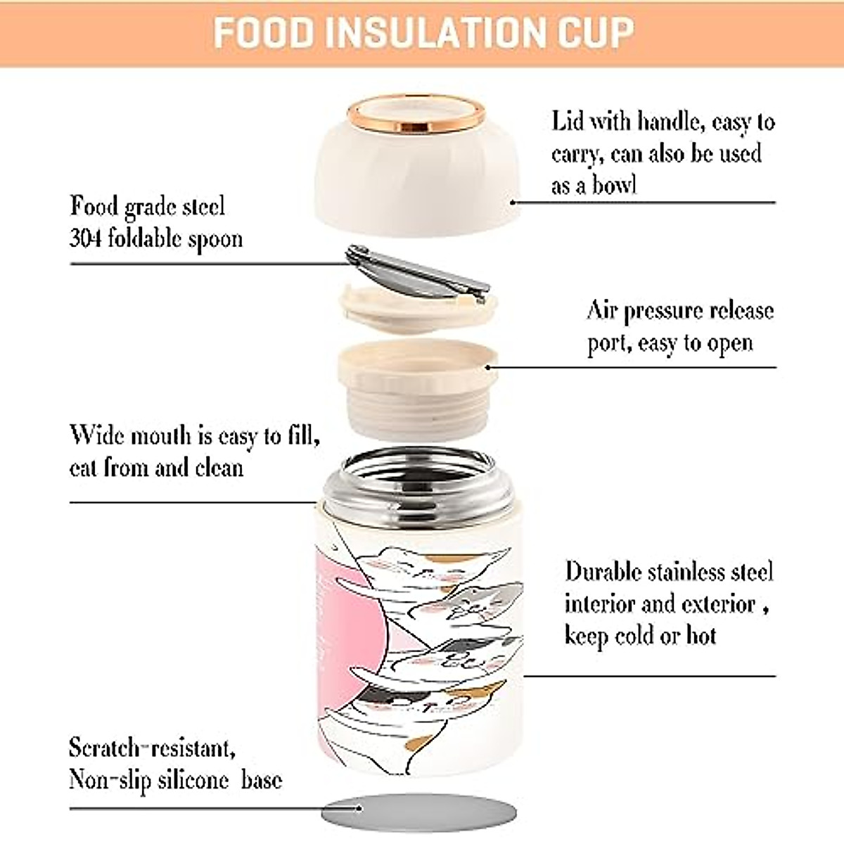 CUPADA Funny Cat Fish Food Jar, Happy Time Summer Insulated Hot Food Jars Vacuum 17OZ with Folding Spoon for Work Trip Picnic Camping