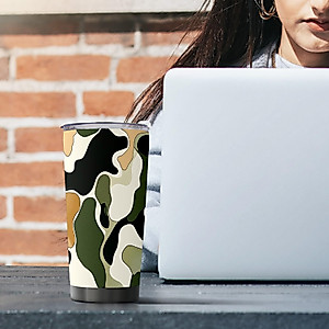 QWEUIOP 20oz Insulated Travel Coffee Mug Black Green Camouflage Pattern Stainless Steel Tumbler with Lid Double Wall Vacuum Coffee Cup For Hot and Cold Drinks14187